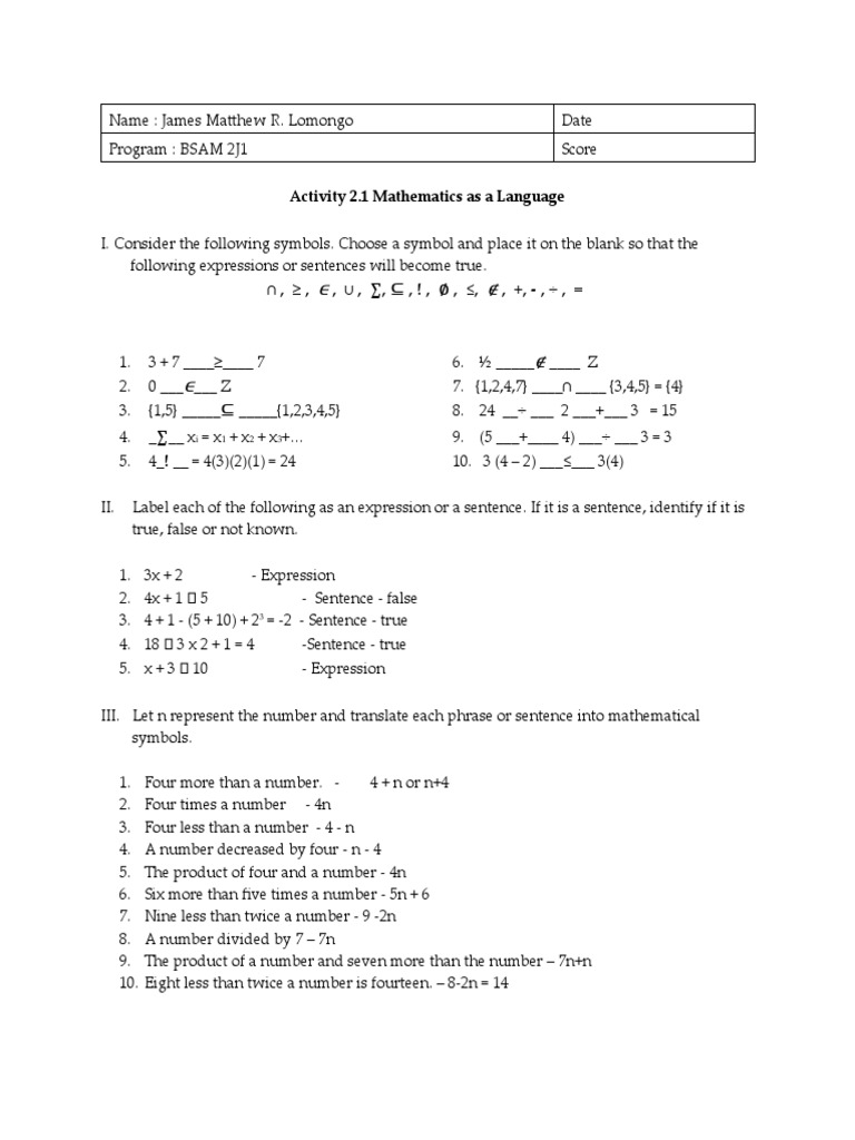 Activity 2.1 Mathematics As A Language | PDF