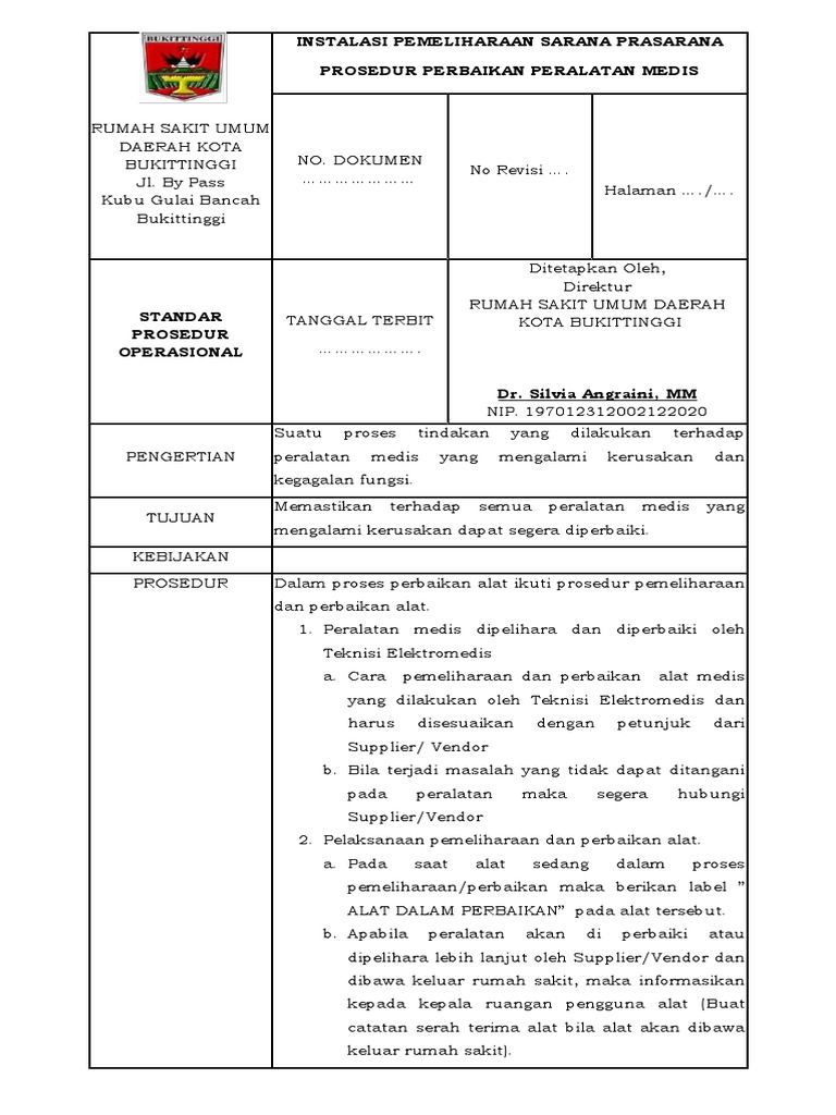 Sop Prosedur Perbaikan Peralatan Medis | PDF