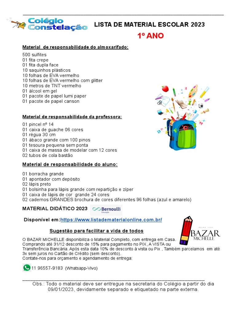 Lista de Materiais 1ºano - 2023 | PDF
