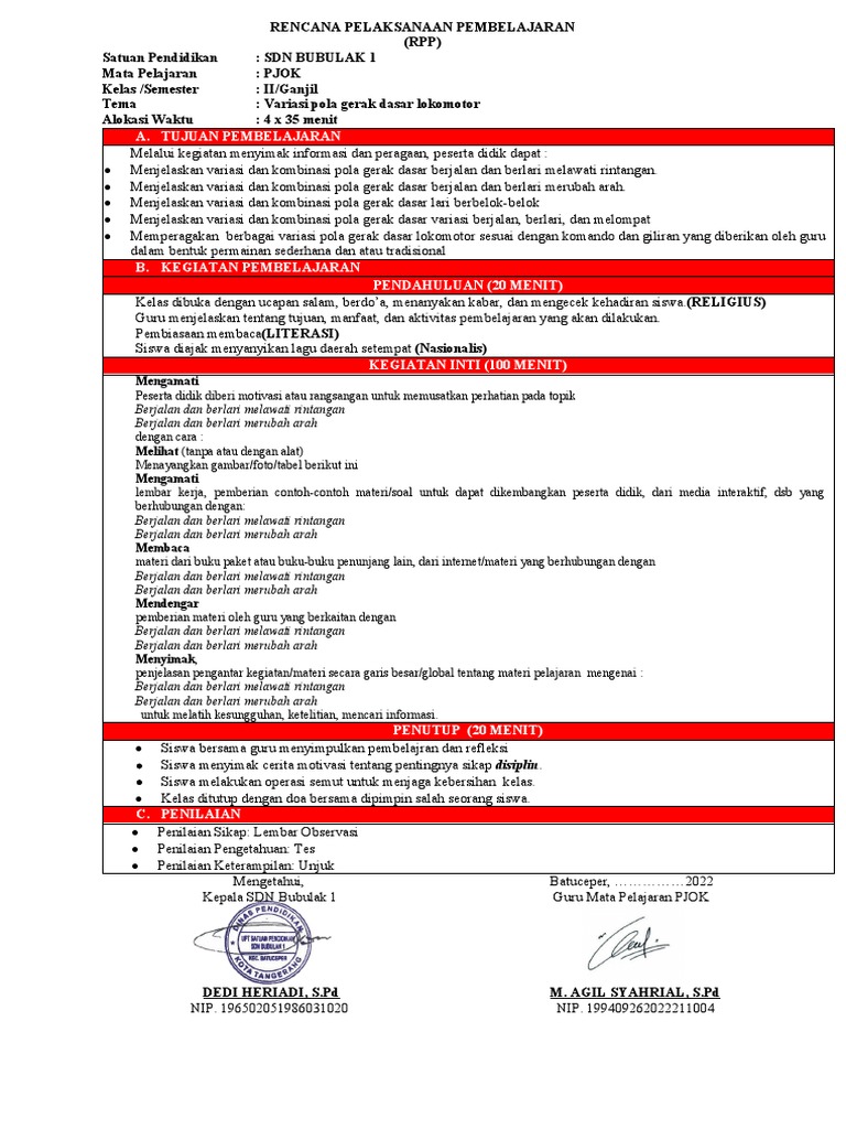 RPP Pjok Kelas 2 Tema 1 | PDF