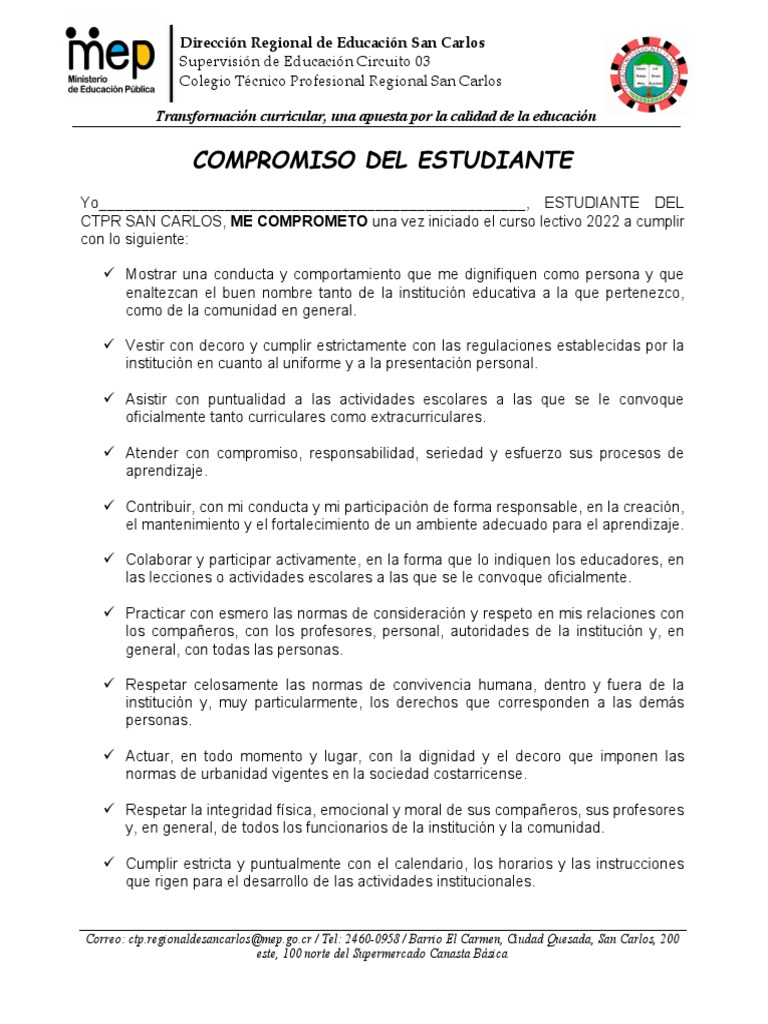 Carta de Compromiso Estudiante | PDF | Institución