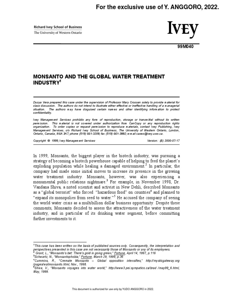 (012723) Monsanto and The Global Water Treatment Industry | PDF