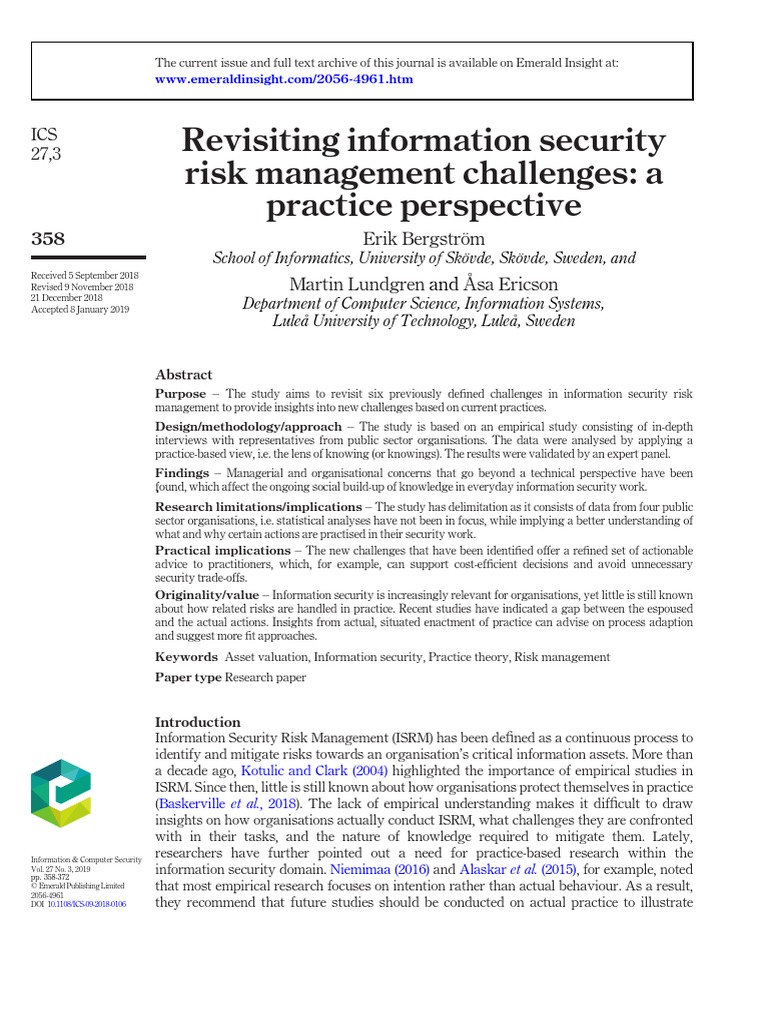 II. Revisiting Information Security Risk Management Challenges - A Practice Perspective | PDF ...