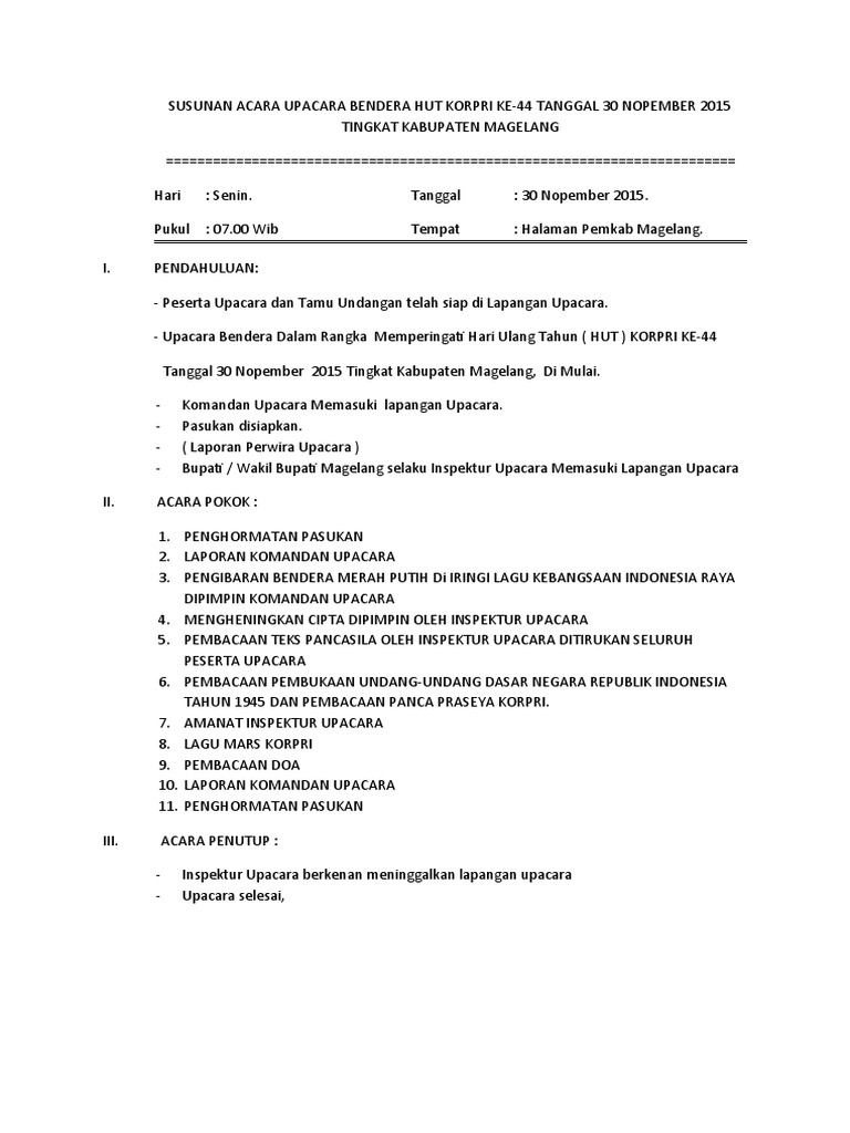 Susunan Acara Upacara Bendera Hut Korpri Ke | PDF