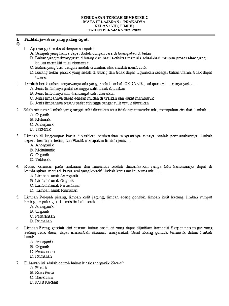 Soal PTS Prakarya KLS 7 Semester 2 | PDF