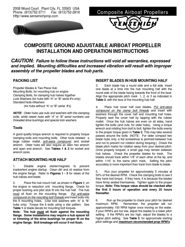 Sensenich Composite Propeller Installation Instructions | PDF | Screw ...