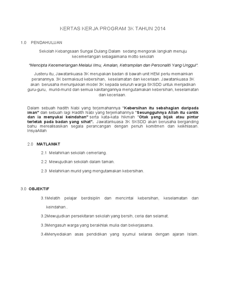 Kertas Kerja Program 3K Tahun 2014 | PDF