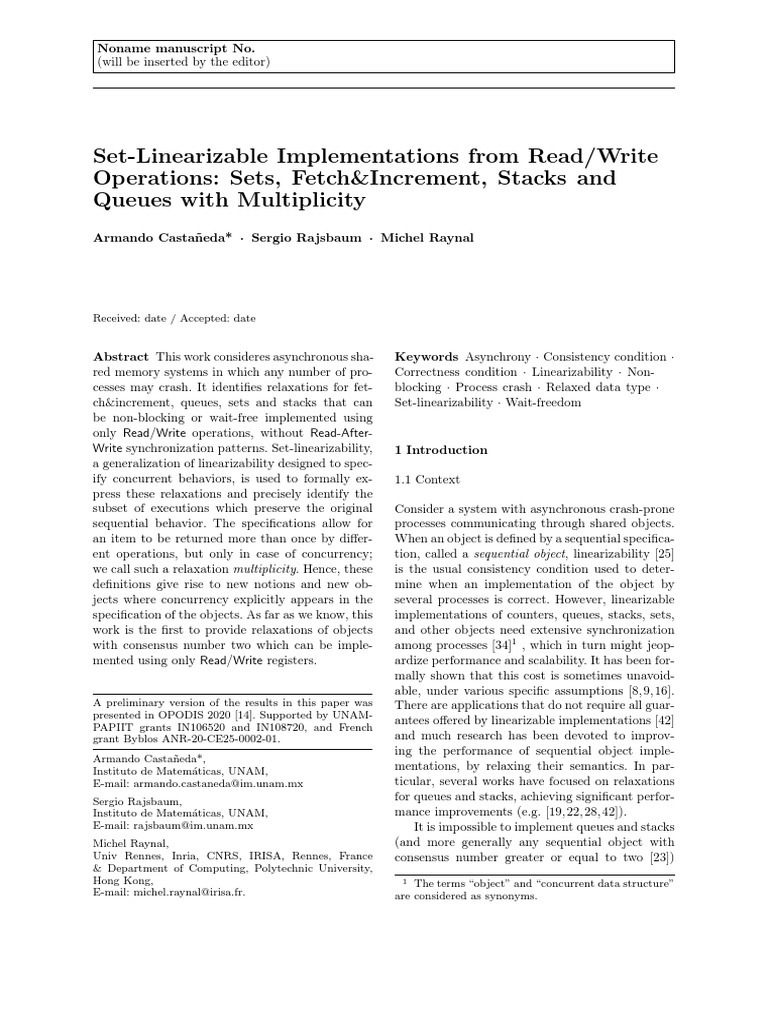 Set Linearizable Implementations From Read Write Operations Sets Fetch And Increment Stacks