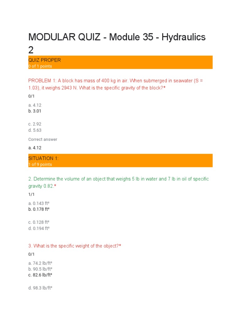 MODULAR QUIZ - 35 - Hydraulics 2 | PDF | Pascal (Unit) | Pressure