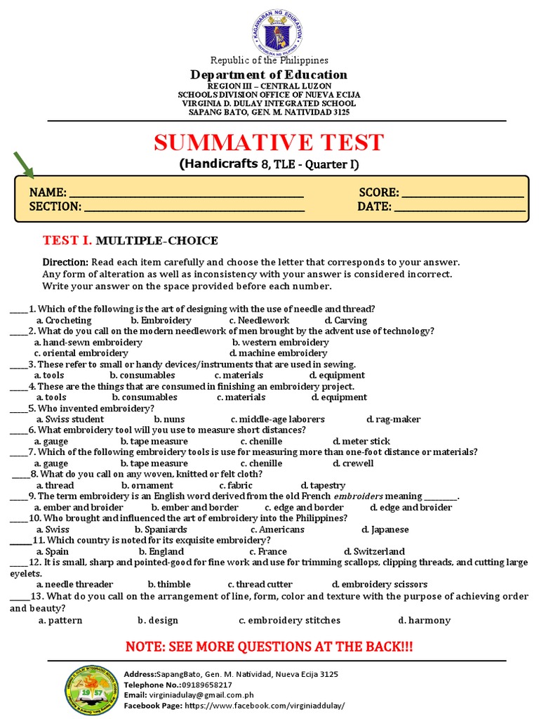 Summative Test - G8 Q1 | PDF | Embroidery | Yarn