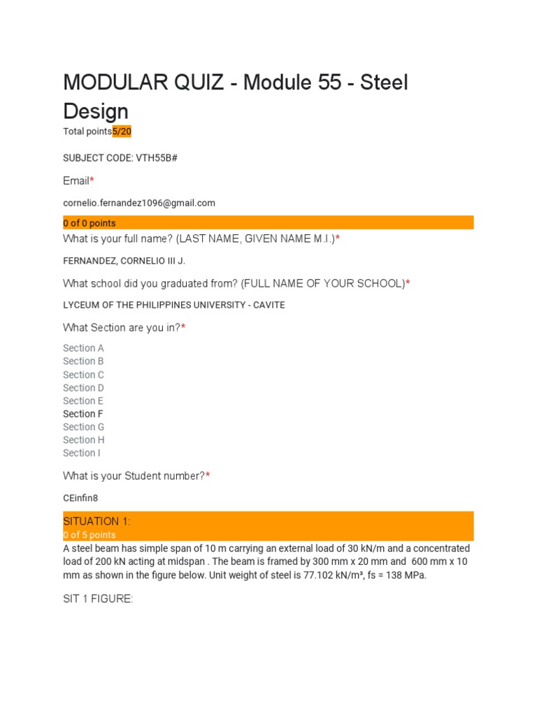 MODULAR QUIZ - 55 - Steel Design | PDF | Bending | Beam (Structure)