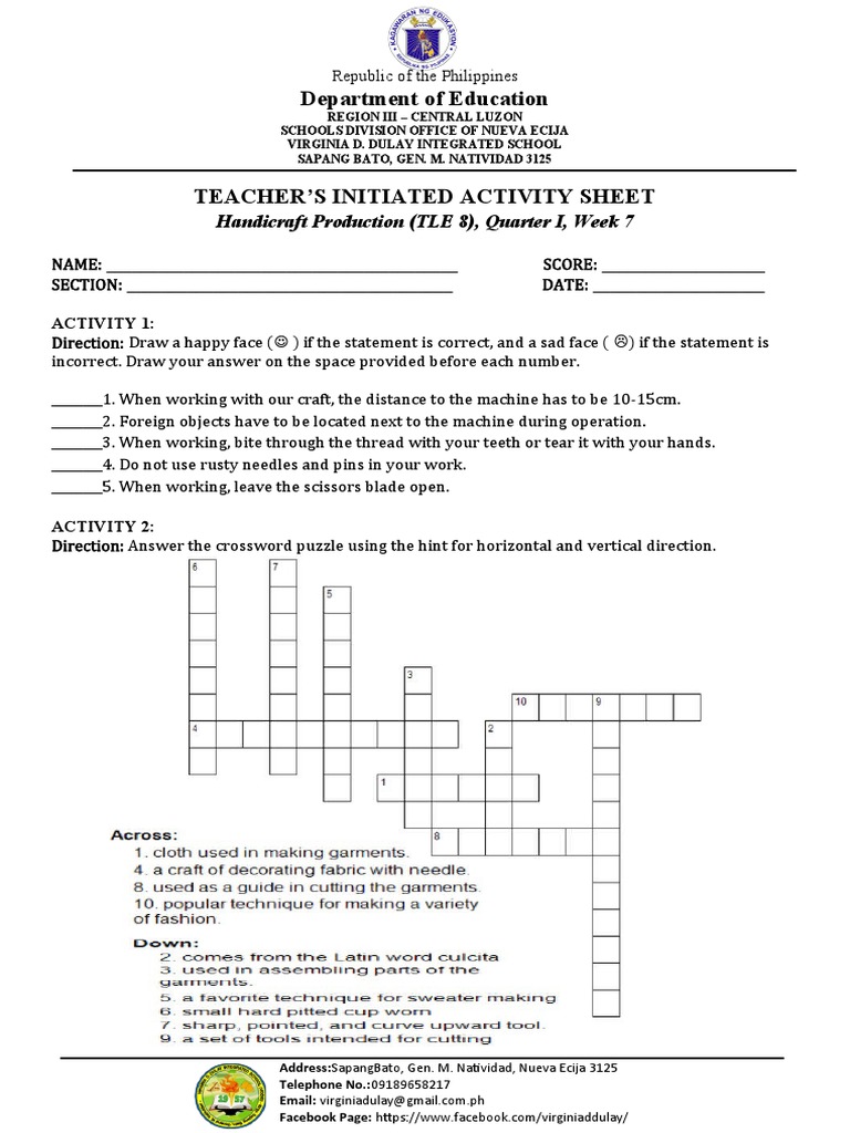 Teacher's Handicraft Production Activity Sheet for Quarter 1, Week 7 on ...