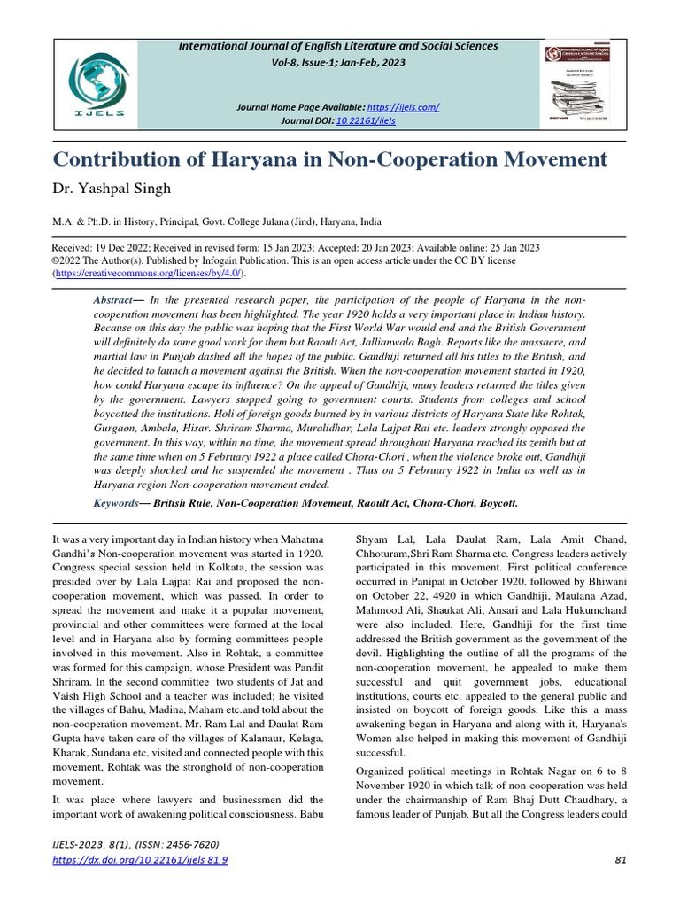 Contribution of Haryana in Non-Cooperation Movement | PDF | South Asia ...