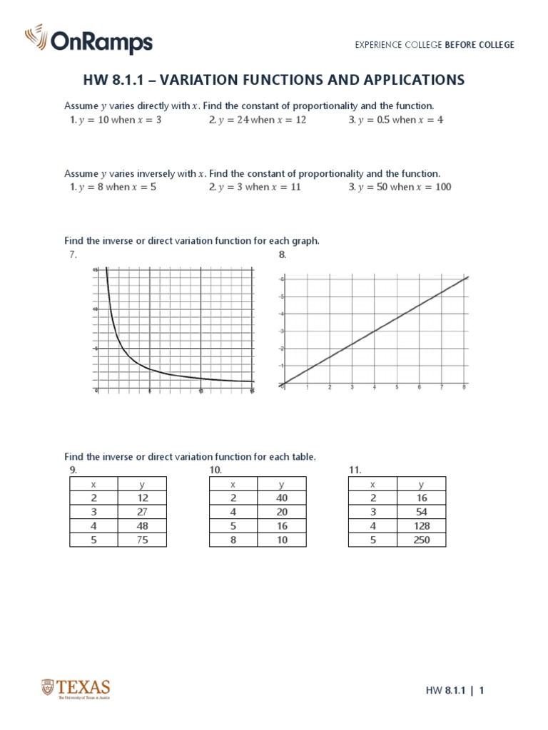 HW 8.1.1 - Variation Functions and Applications: 1. 10 When 3 2. 24 When 12 3. 0.5 When 4 | PDF