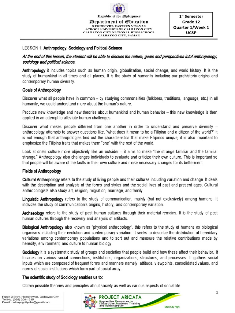 Week 1 Ucsp Handout | PDF | Sociology | Anthropology