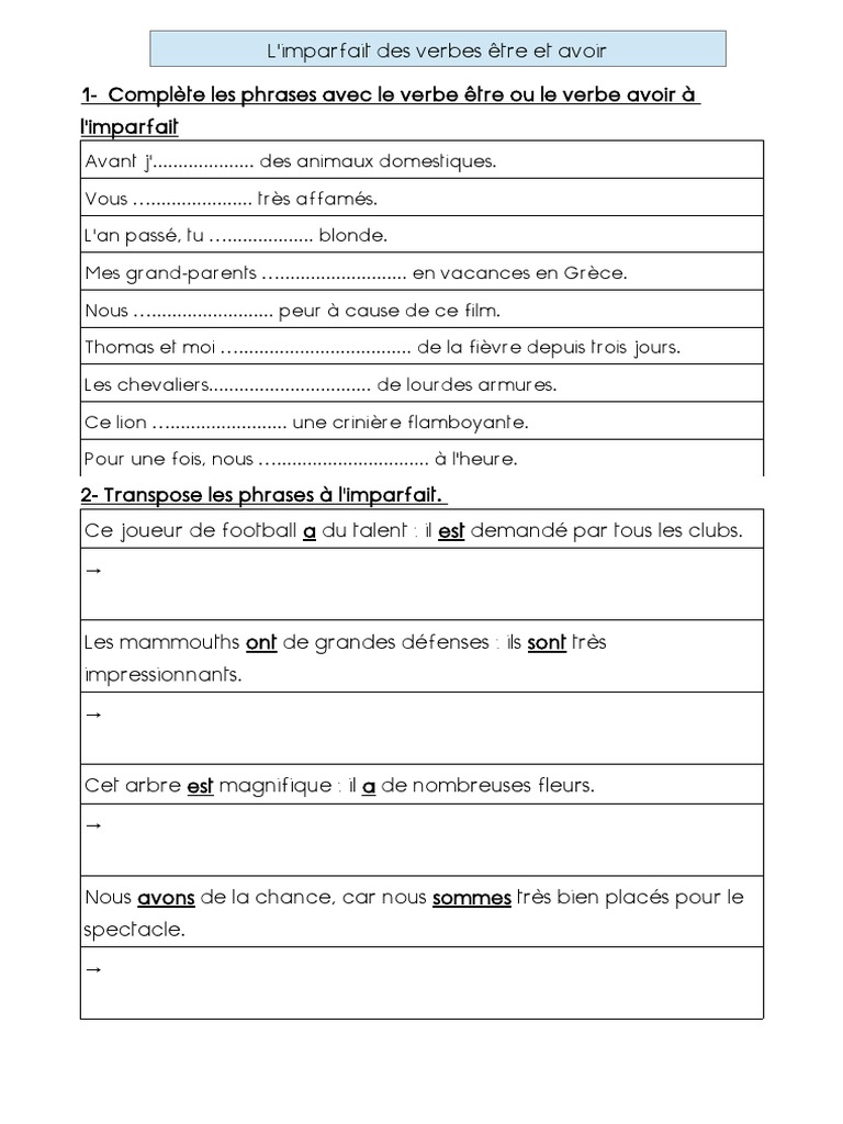Exercices Etre Et Avoir A L Imparfait | PDF | Grammaire | Morphologie ...