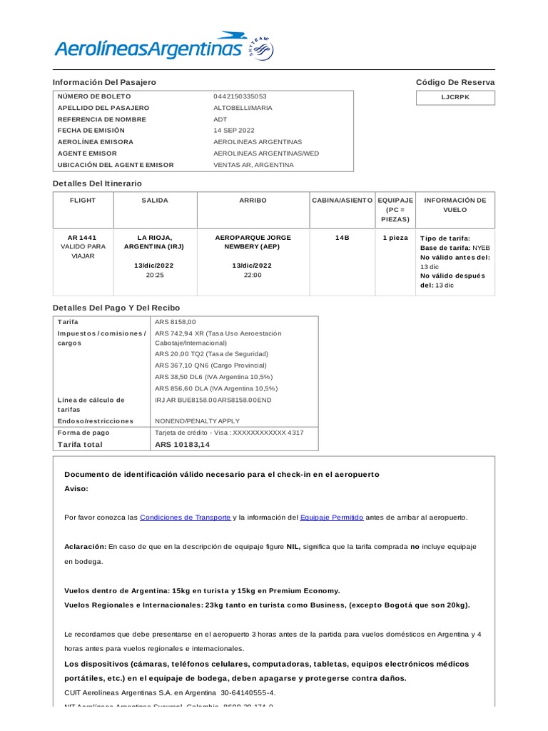 Recibo de Pasaje Electrónico, 13 Diciembre para MARIA ALTOBELLI | PDF ...
