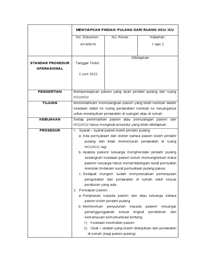 Menyiapkan Pindah-Pulang Dari HCU - ICU SOP OK | PDF