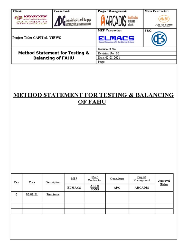 Method Statement For TAB - (FAHU) | PDF | Duct (Flow) | Flow Measurement