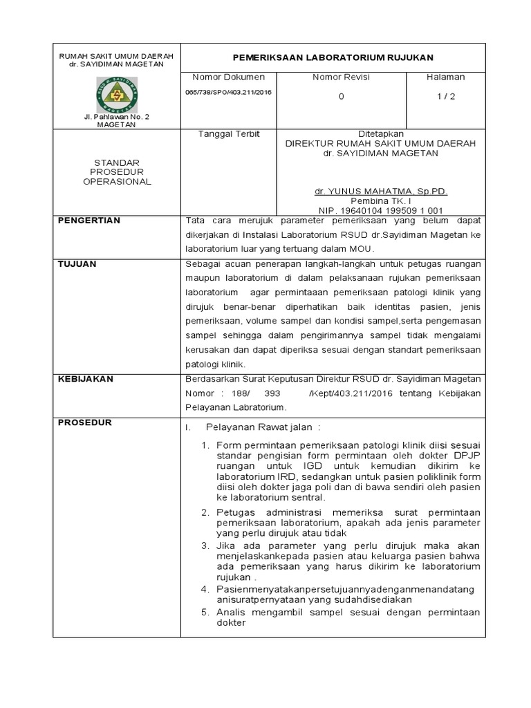 Spo Rujukan Laborat 12-9-16 | PDF