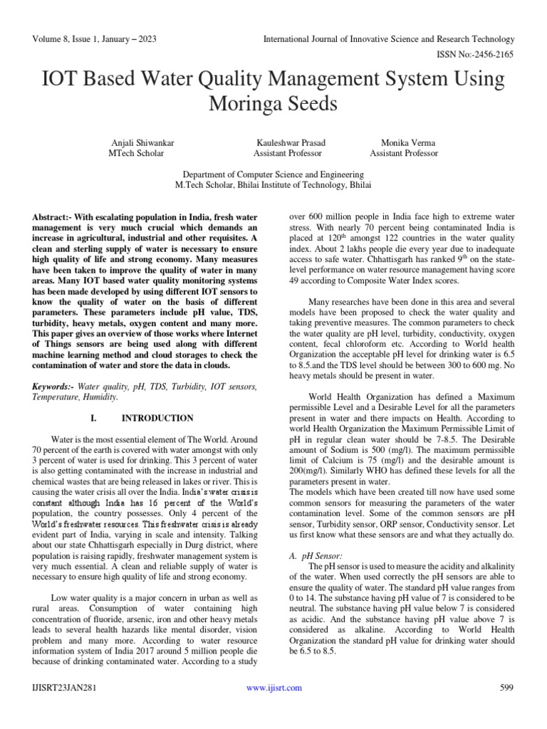 IOT Based Water Quality Management System Using Moringa Seeds | PDF | Water | Water Quality