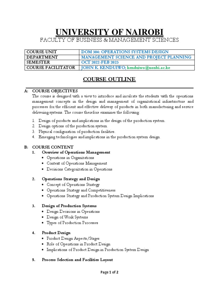 DOM 304 Course Outline October 2022 | PDF | Operations Management | Design