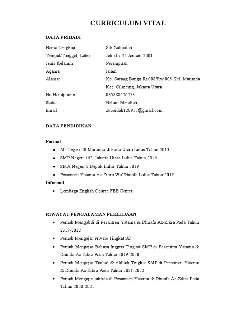 CV Guru Agama dan Pendidikan Informal | PDF