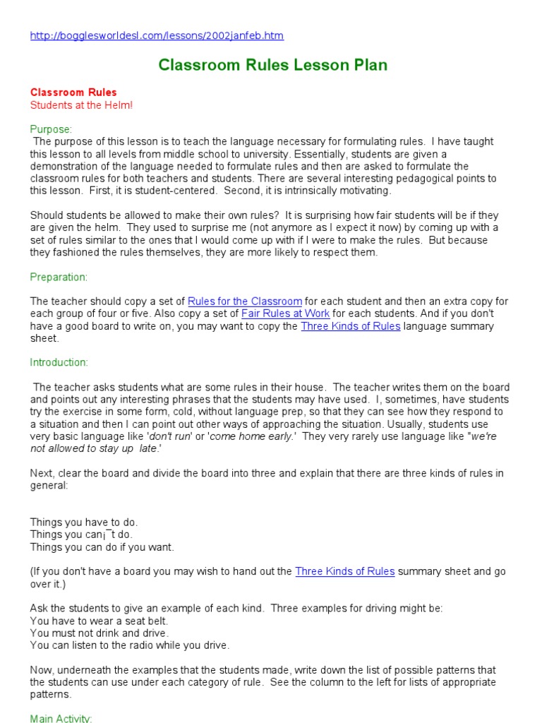Classroom Rules Lesson Plan: Purpose | PDF | Teachers | Classroom