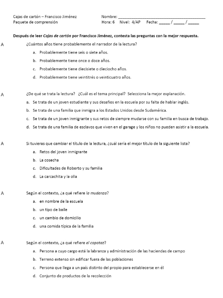 Cajas de Cartón Francisco Jiménez Paquete de Comprensión Hora - 6 Nivel ...