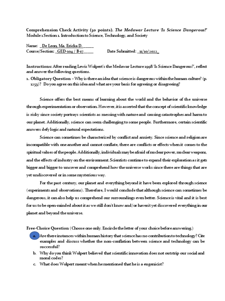 Is Science Dangerous? Comprehension Check | PDF | Science | Experiment