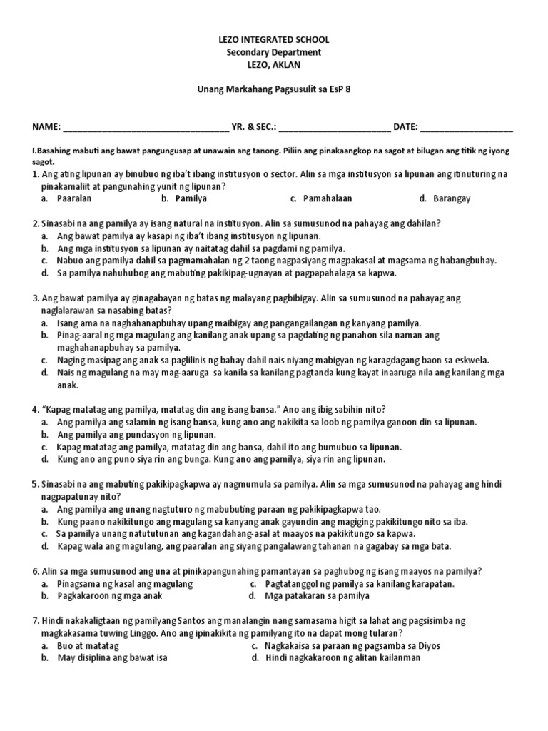 1st Periodic Exam in Esp 8 | PDF