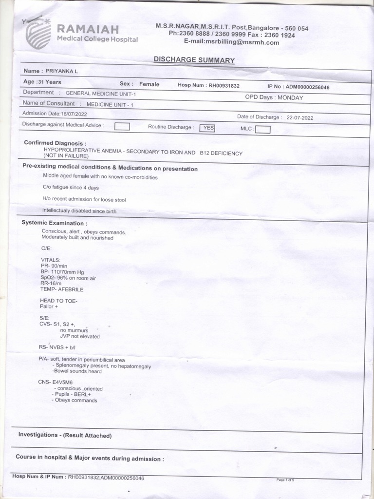 MSR Discharge Summary | PDF