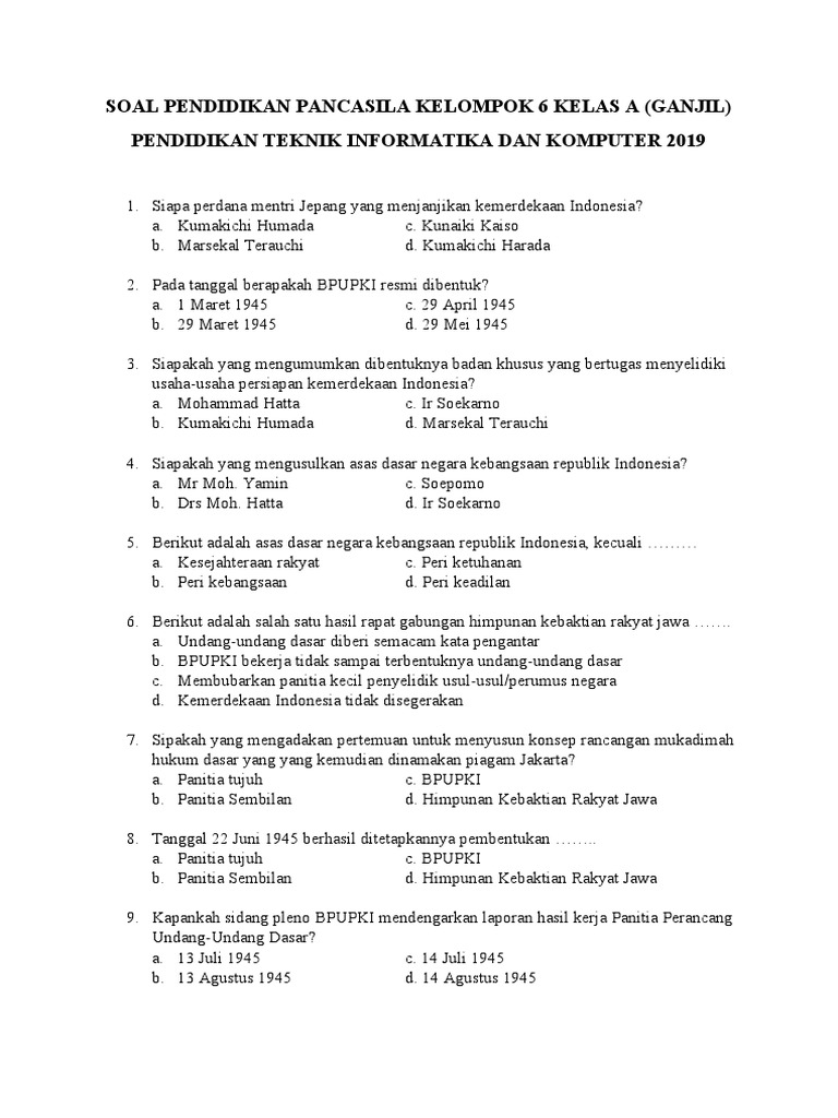 Soal Pendidikan Pancasila Kelompok 6 Kelas A | PDF Soal Pendidikan Pancasila Kelompok 6 Kelas A | PDF