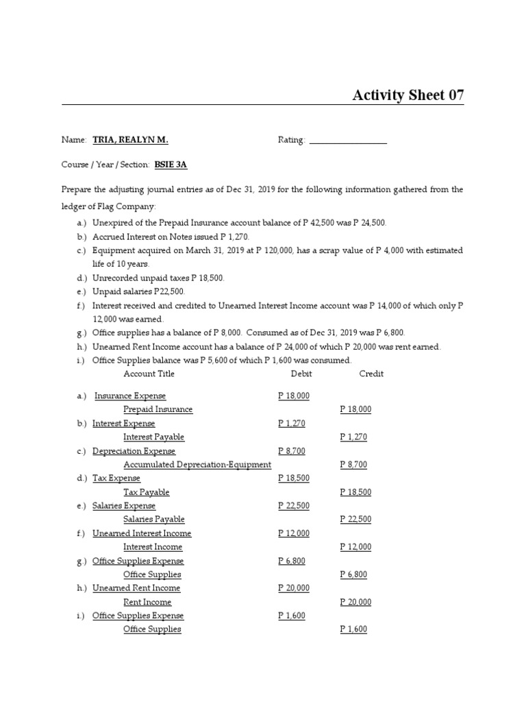 REALYN TRIA - Fundamentals of Accounting-Activity Sheet 07 | PDF