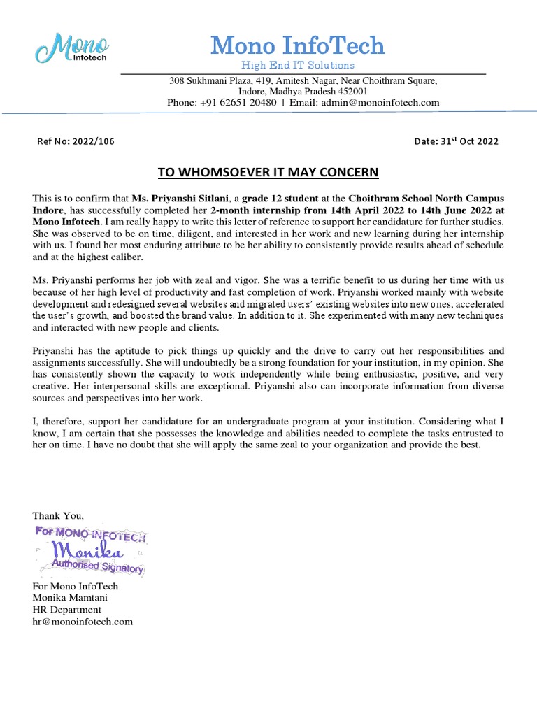 High School Intern Reference Letter | PDF