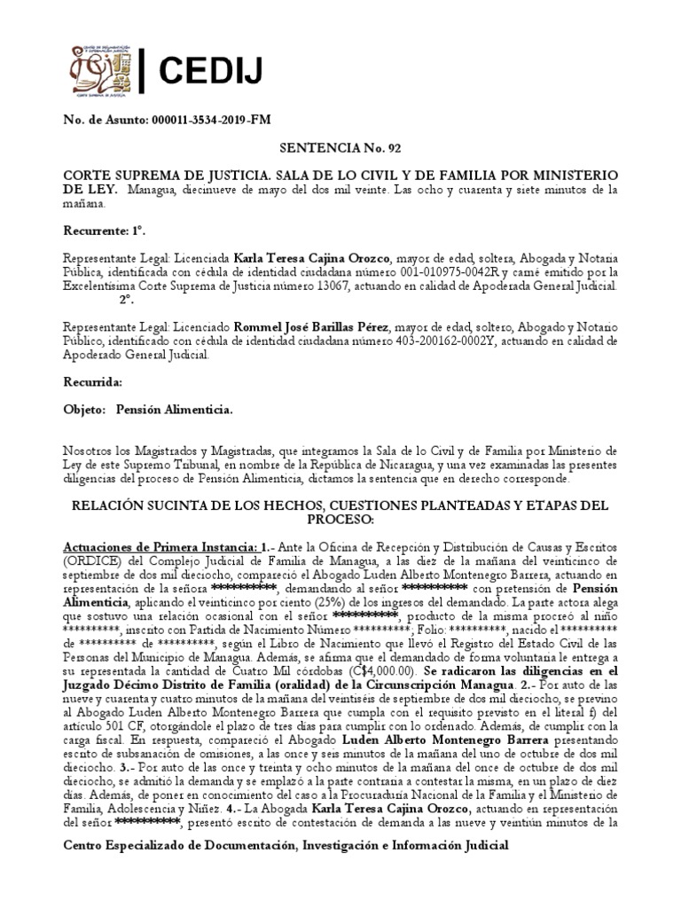Sentencia de Familia Sobre Los Alimentos Del Menor Ley 870 Nicaragua ...