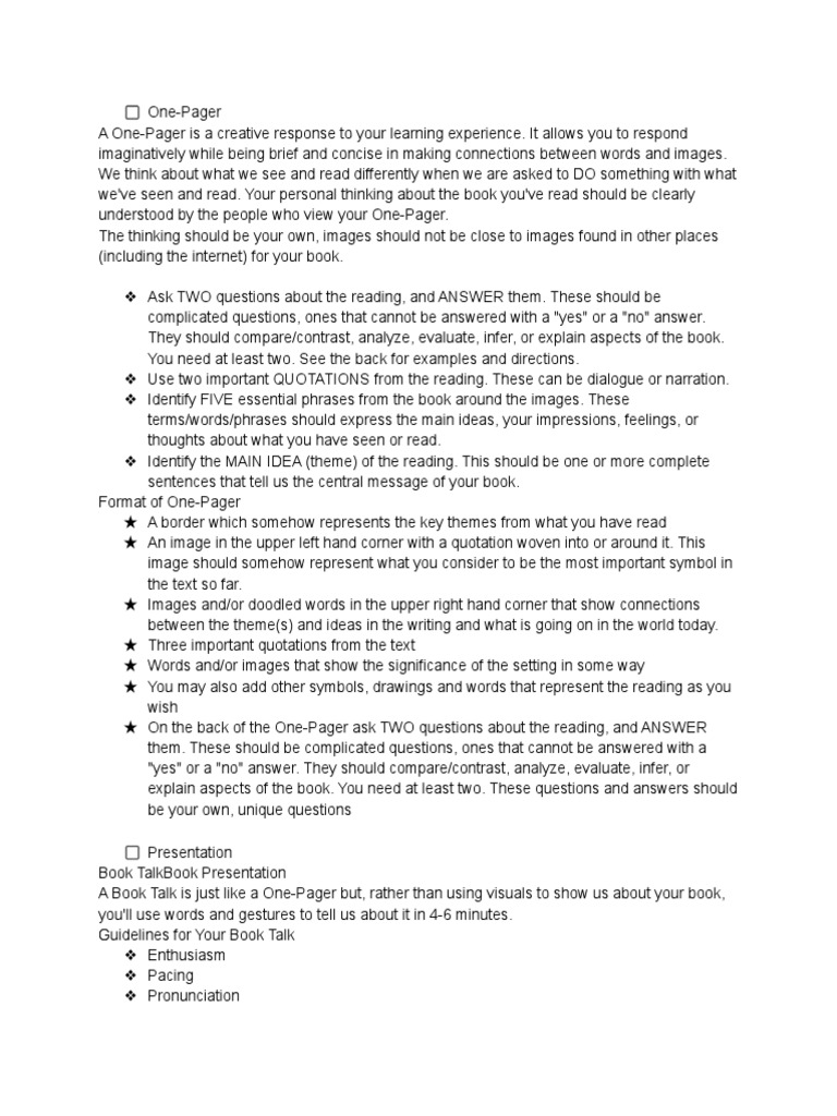 One-Pager Instructions | PDF | Thought | Psychological Concepts