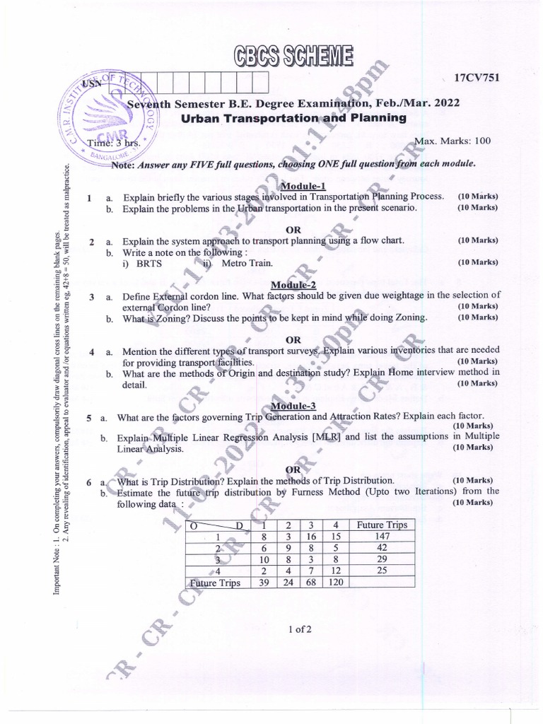 VTU Question Paper of 17CV751 Urban Transportation and Planning Feb ...