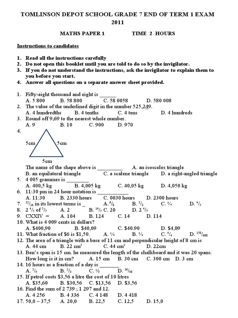 Grade 7 Maths Paper 1 | PDF