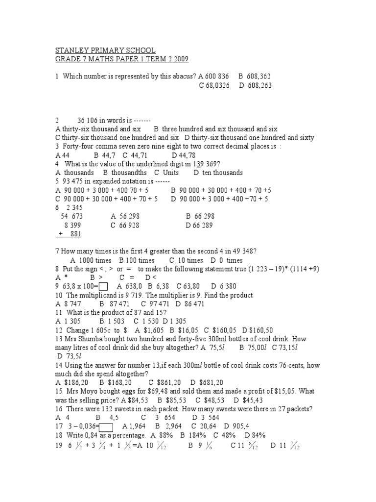 Grade 7 Maths Paper 1 Term 2 2009 | PDF | Multiplication | Mathematics
