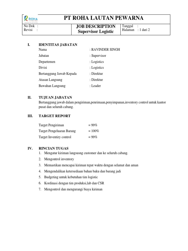 Job Description Supervisor Logistic-Ravin | PDF