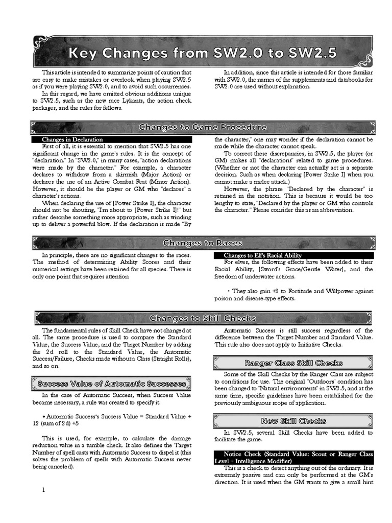 Sword World 2.5 - Key Changes From SW2.0 To SW2.5 | PDF