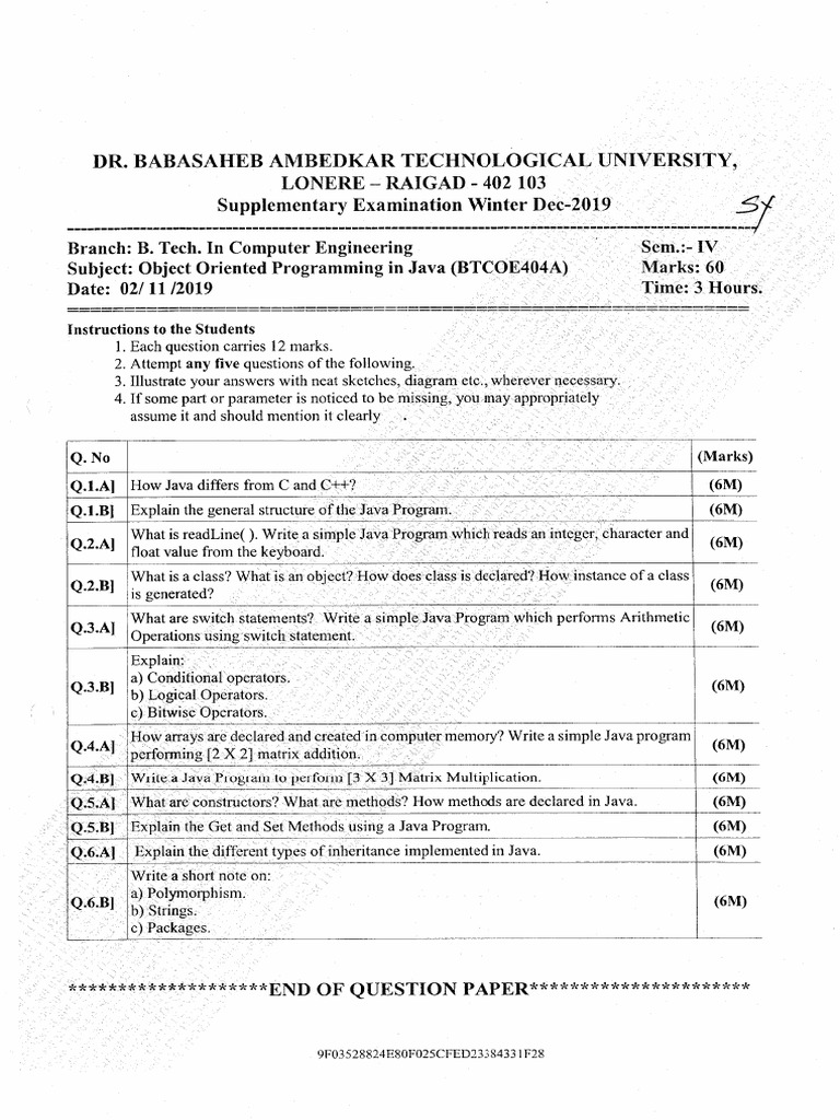 Btech Cs 4 Sem Object Oriented Programming in Java Btcoe404a Dec 2019 | PDF