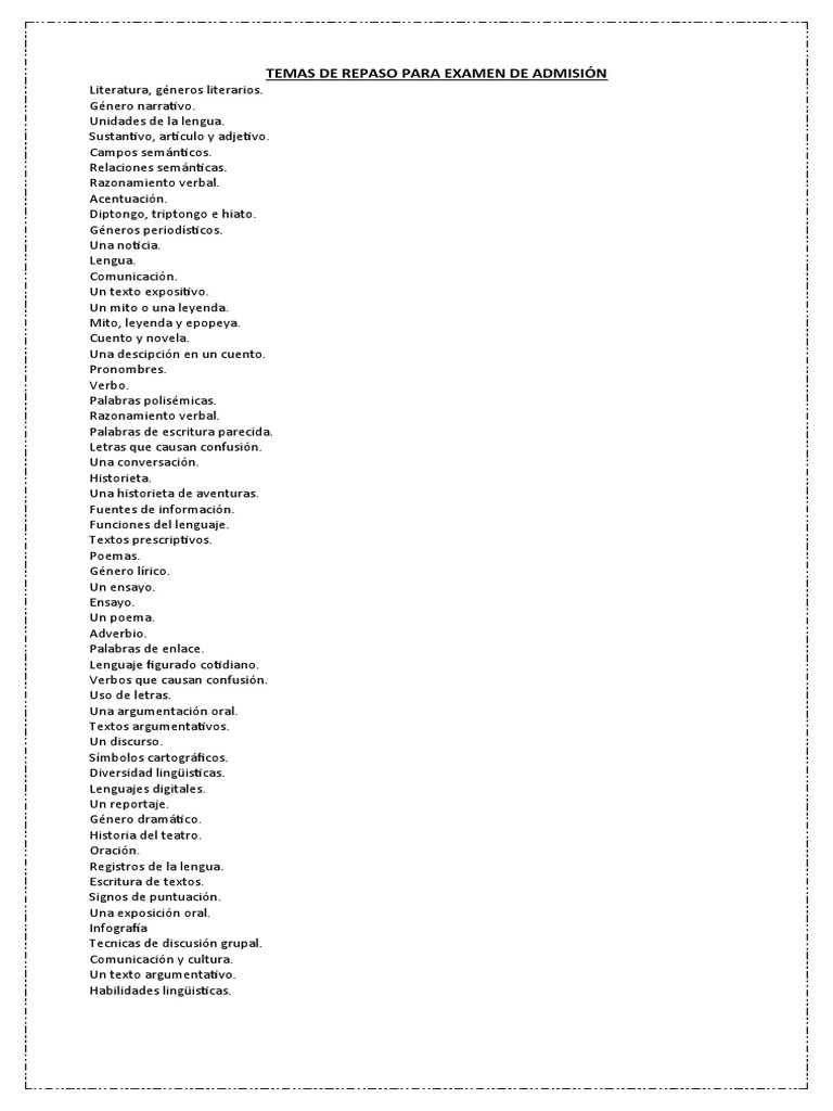 Temas de Repaso para Examen de Admisión Idioma | PDF