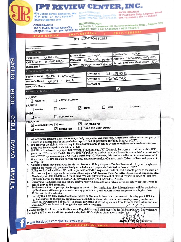 Avila Registration Form JPT | PDF