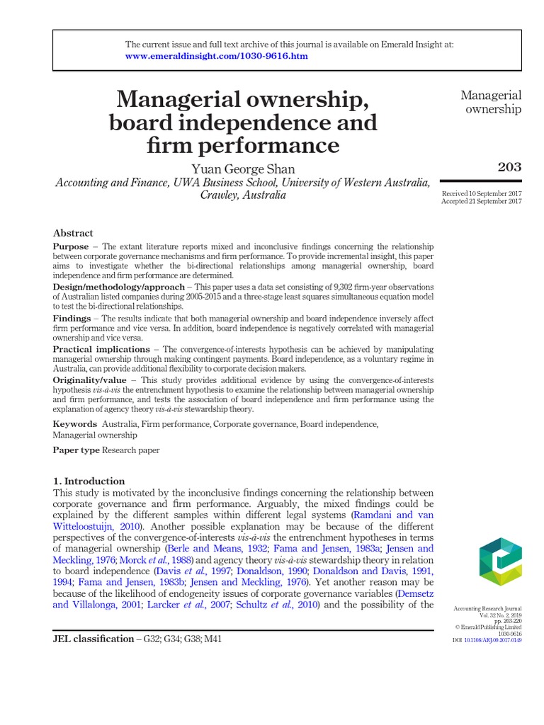 Managerial Ownership, Board Independence and Firm Performance | PDF ...