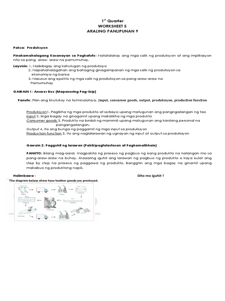 1 Quarter Worksheet 5 Araling Panlipunan 9: Input, Consumer Goods, Output, Produksiyon ...