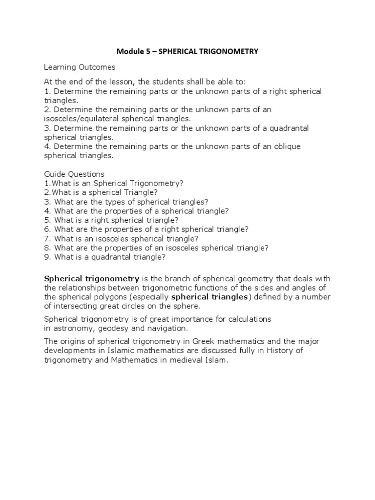 Spherical Triangle | Download Free PDF | Triangle | Sphere