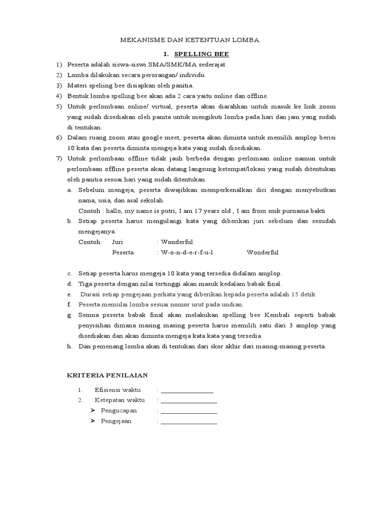 Mekanisme Lomba Spelling Bee SD | PDF