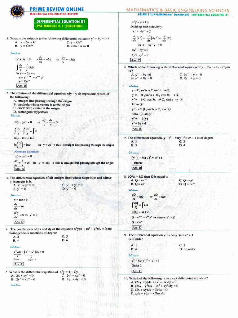 8.1 Differential Equations 01 Solutions | PDF | Equations | Differential Equations